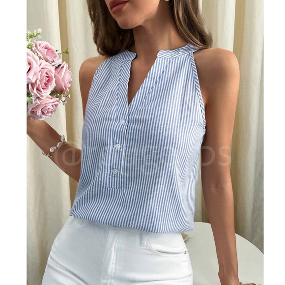 Rouge! | Tops | Striped Blue White Vneck Button Detail Sleeveless ...